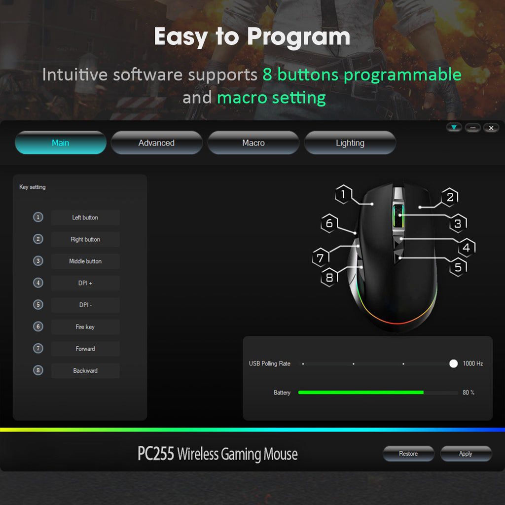 PC255A Rechargeable RGB Gaming Mouse Wireless Wired,10000 DPI – VictSing